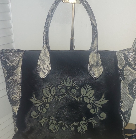Bags | Claudia Firenze Black And Gray Calf Hair And Snake Tote Handbag ...